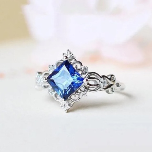 Jewelry | Retro Princess Cut Blue Sapphire Diamond Gemstone Ring | Poshmark